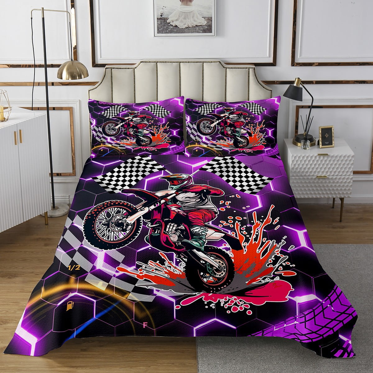 Racing Motorcycle Quilt Set Queen Purple Neon Lights Honeycomb ...