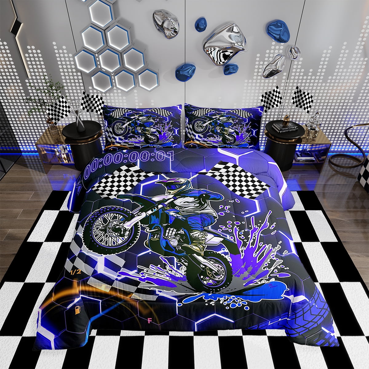 Racing Motorcycle Twin Comforter Set for Boys,Blue Neon Lights ...