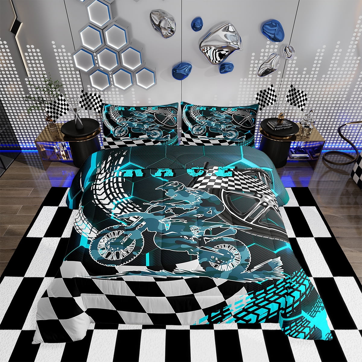 Racing Motorcycle Twin Comforter Set ,Cyan Neon Lights Honeycomb ...