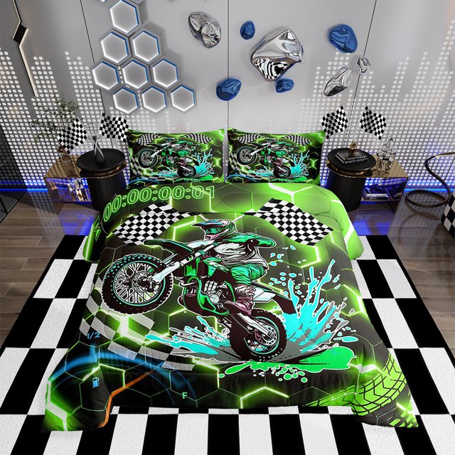 Racing Motorcycle Twin Comforter Set ,Green Neon Lights Honeycomb Bedding Set Dirt Bike ...