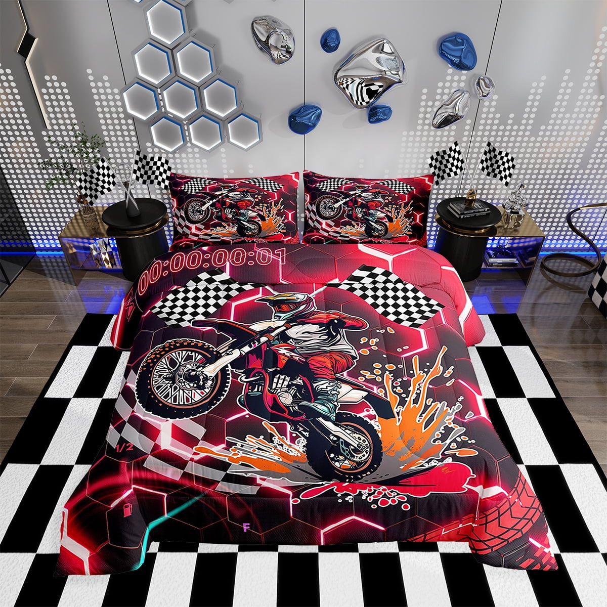 Racing Motorcycle Twin Comforter Set ,Red Neon Lights Honeycomb Bedding ...