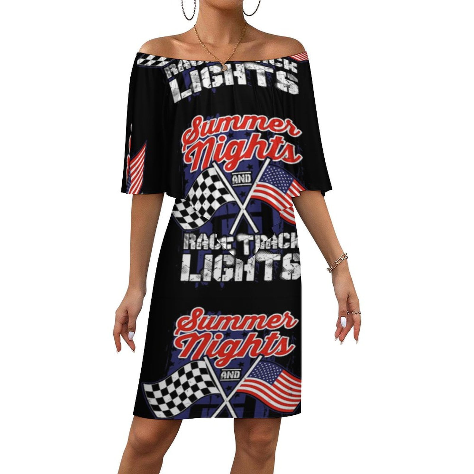 Racing Summer Nights Race Track Lights Flags Women's Off The Shoulder ...