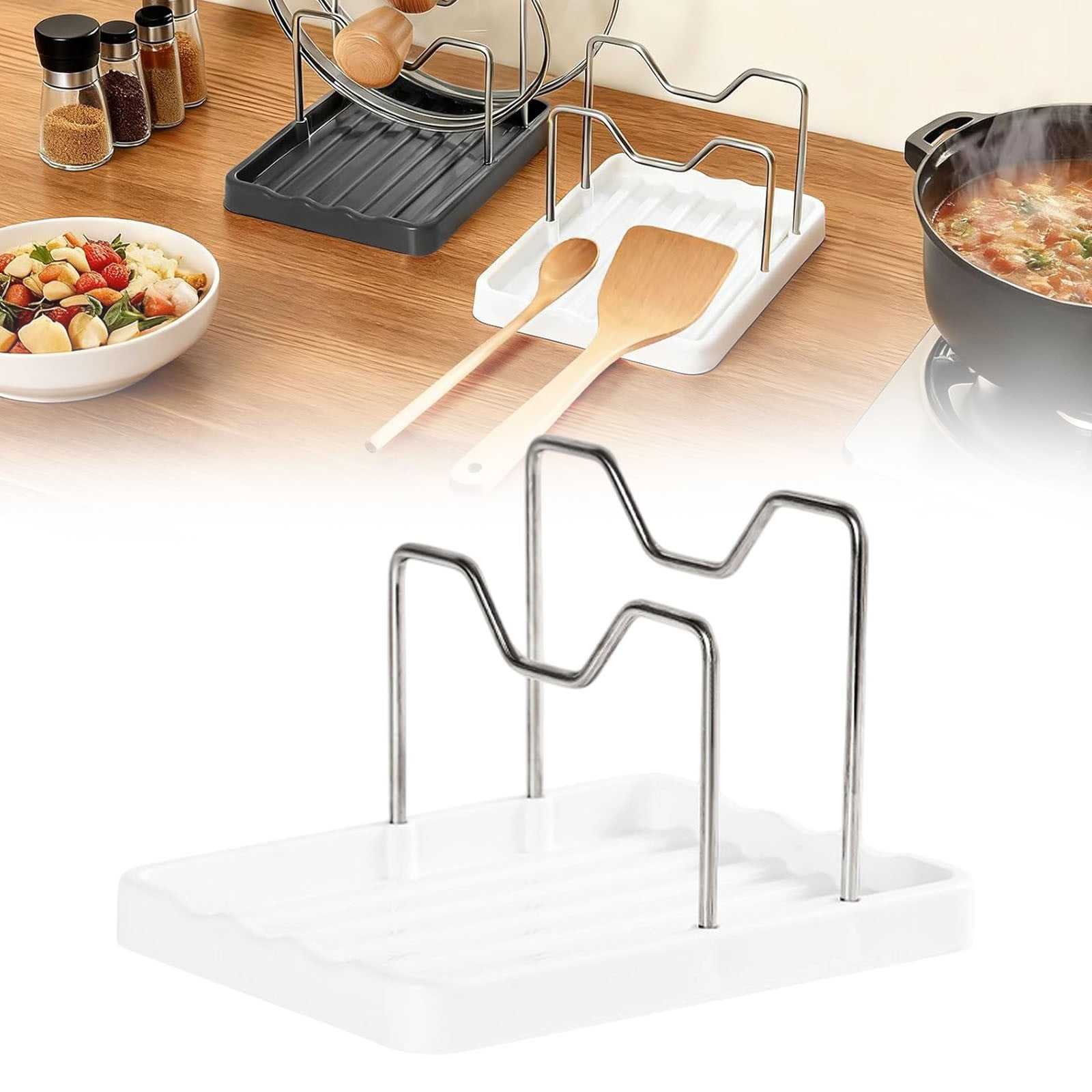 Rack,2 In 1 Pot Lid Holder & Spoon Rest For Kitchen Counter Plastic ...