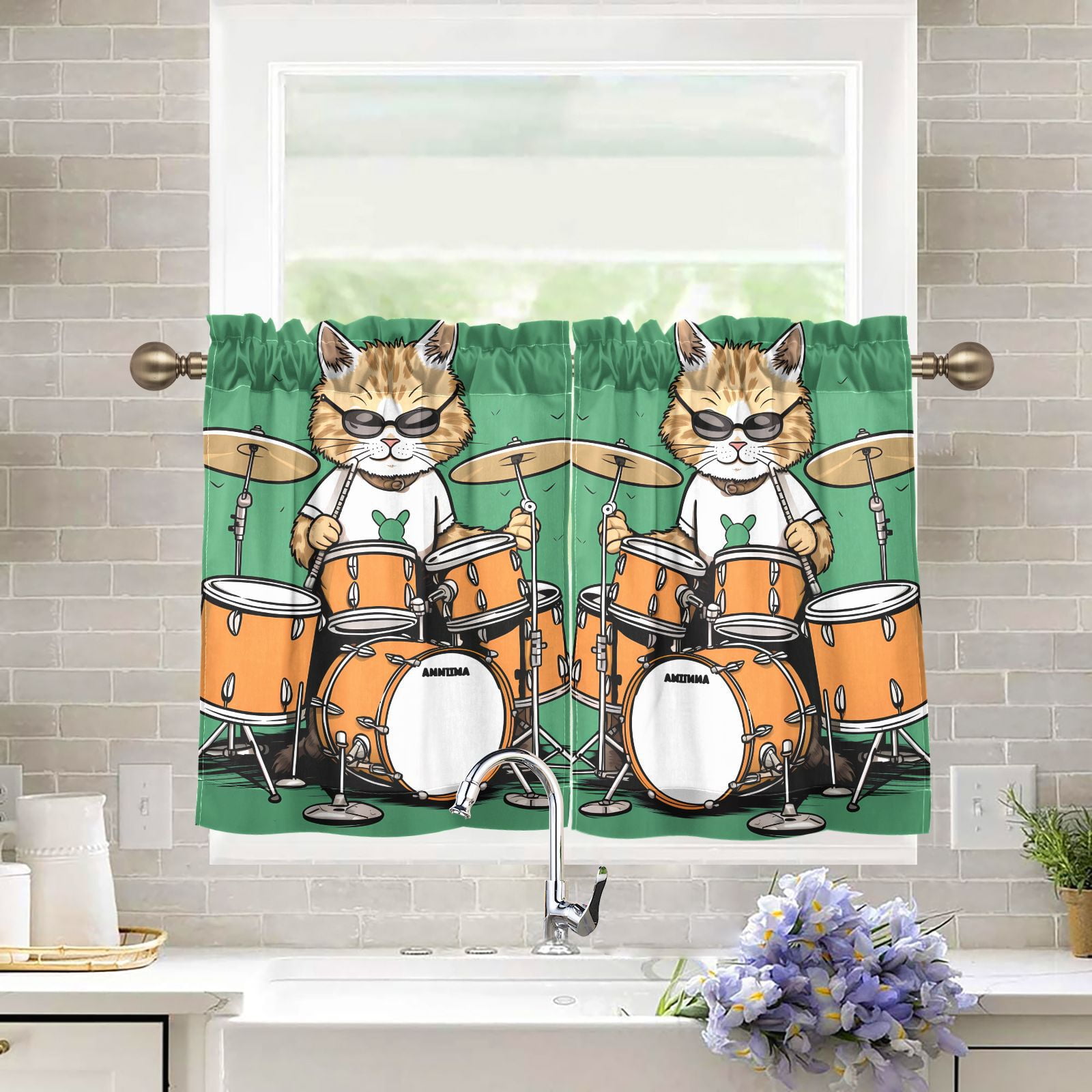 Rack Drum with Cat Kitchen Curtains Half Tier Curtain 2 Rod Pockets ...