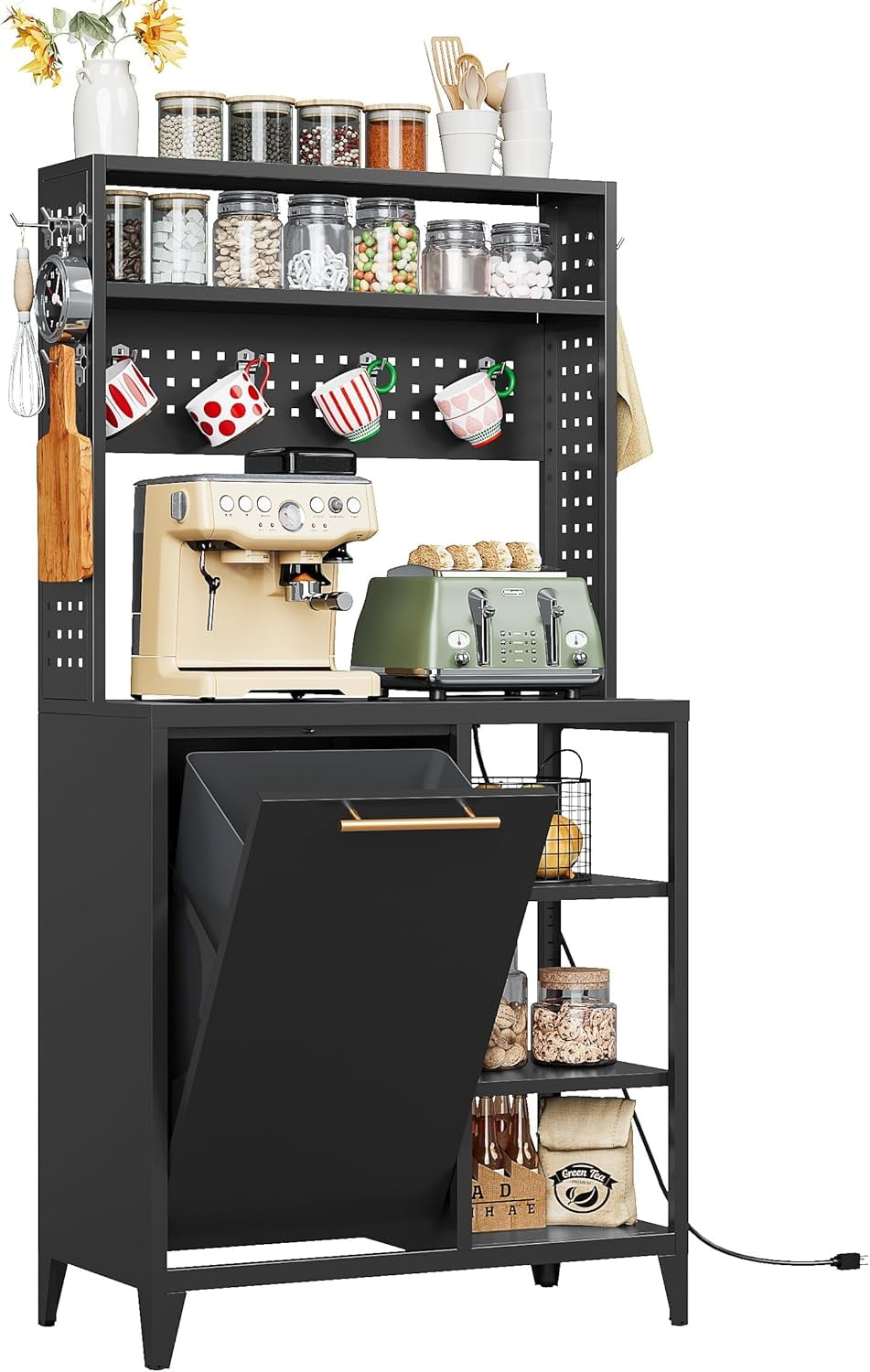 Rack with Trash Can Bin Cabinet and Power Outlet,63" Microwave Stand ...