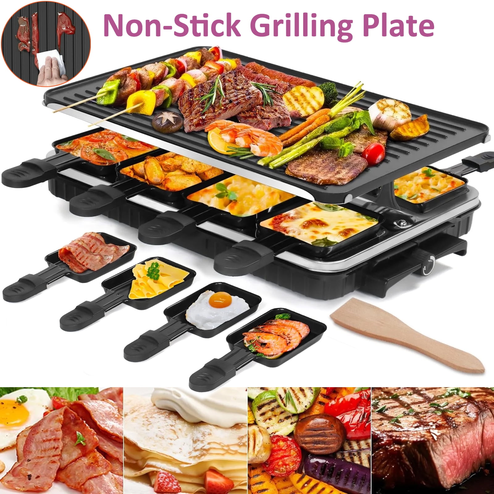 Raclette Table Grill, Removable 2-in-1 Non-Stick Grill Plate,Electric ...