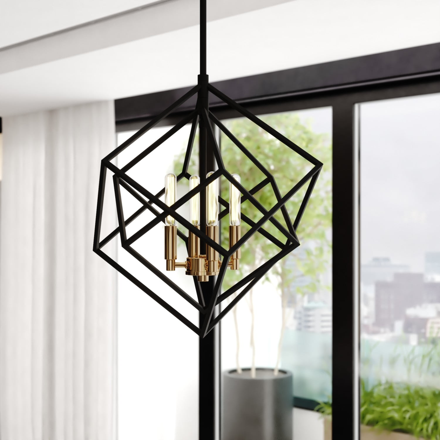 Rad 17.5-in. W 4 Light Geometric Black and Brass Pendant Cage Light ...