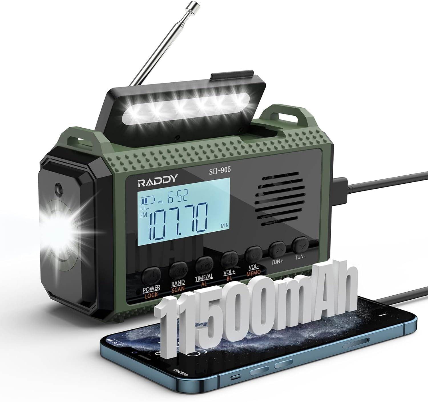 Raddy SH-905 Emergency Radio, 11,500mAh, Hand Crank, Solar, AM/FM/SW ...