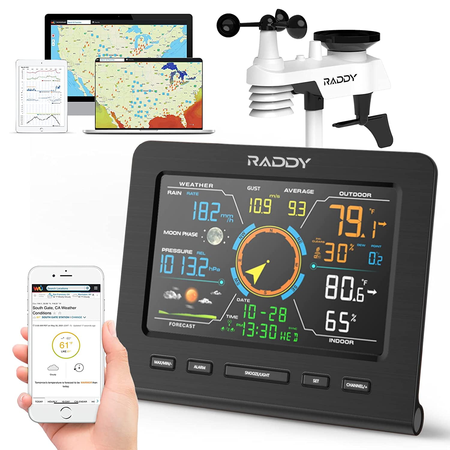Raddy WF-100C Lite Weather Station Wireless Indoor Outdoor with ...