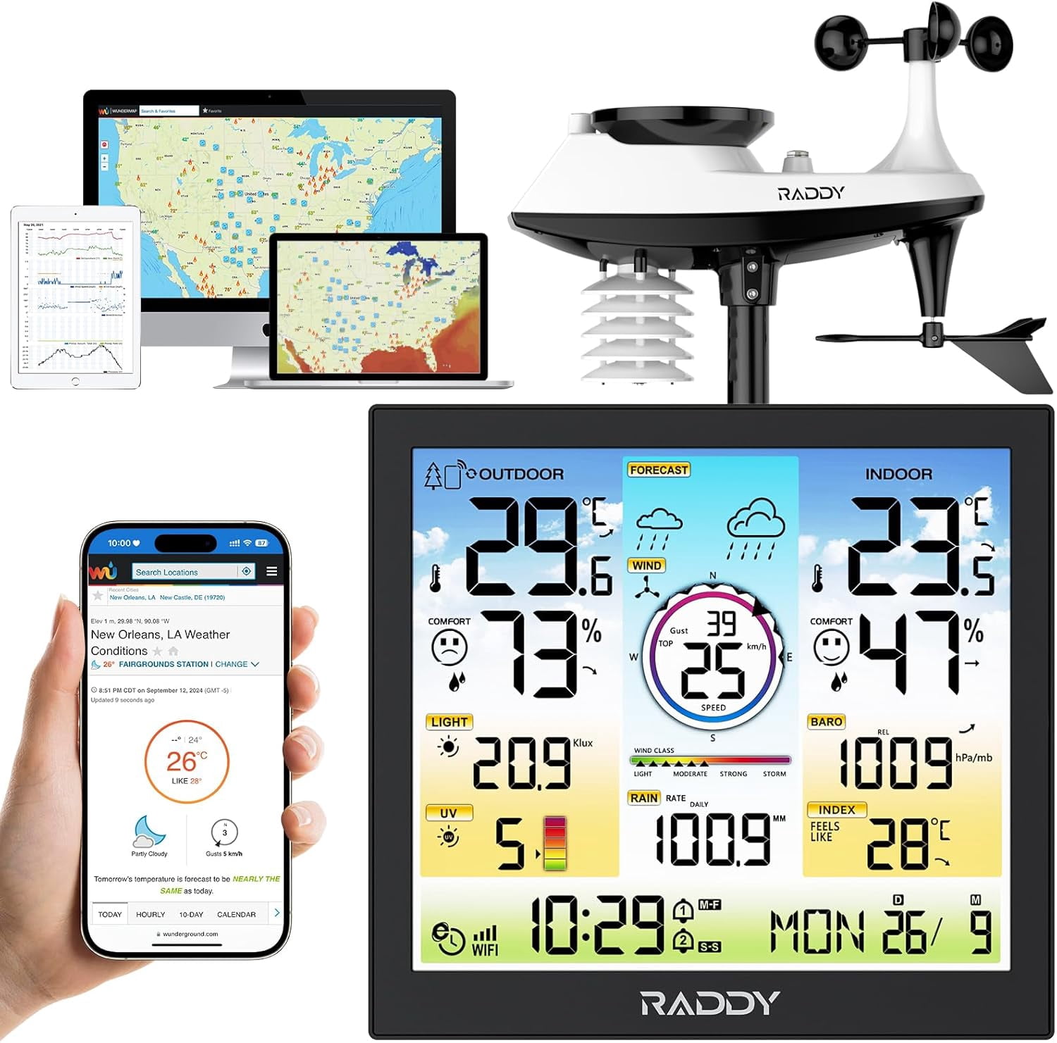 Raddy WF-120C Professional Wi-Fi Weather Station Wireless, Indoor ...