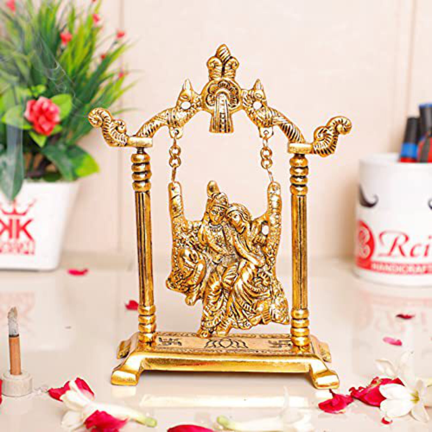 Radha Krishna on Swing jhula Metal Statue Gold Plated Decor Your Home ...