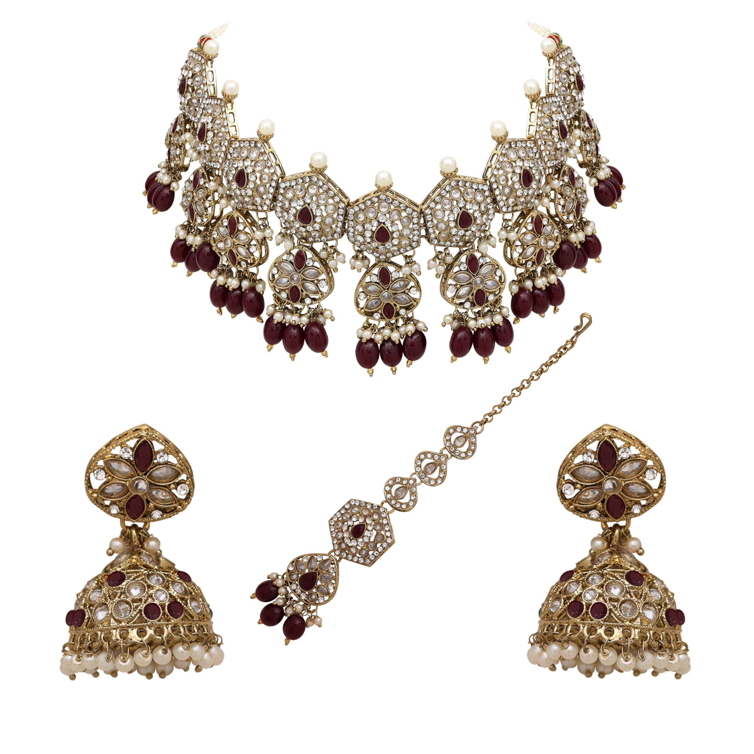 Radhna Heptagon Splendor Reverse AD Choker Necklace Set (Maroon ...
