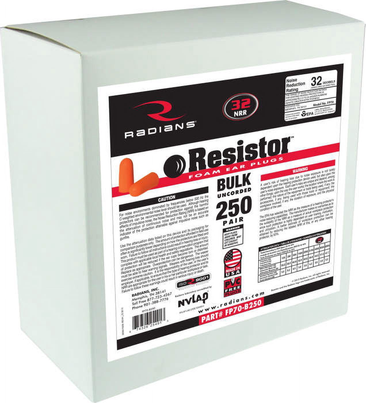 Radians FP70-B250 Resistor 32 Disposable Foam Earplug 250 Pair ...