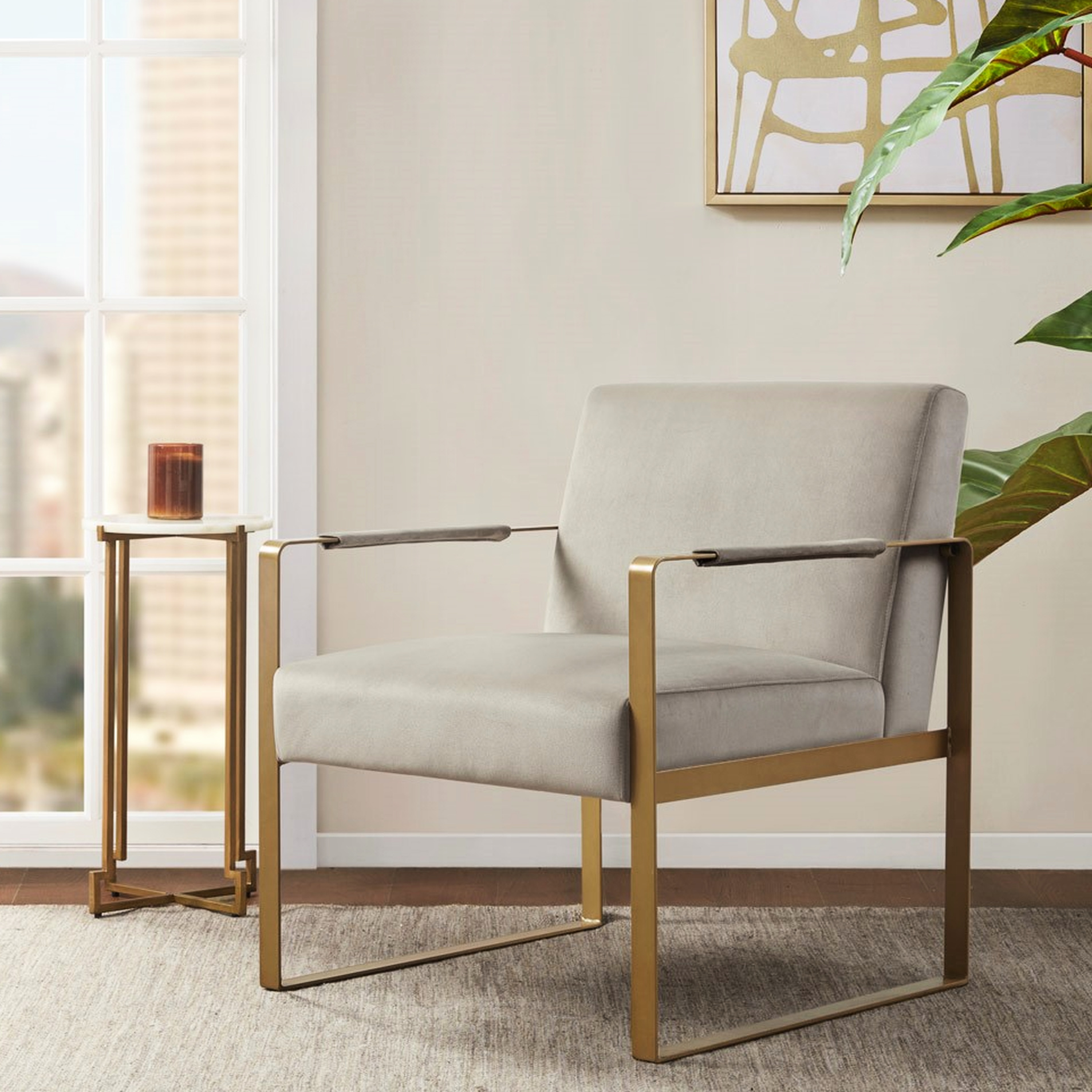 Radiant Accent Chair, Upholstered In , Antique Gold Metal Legs, Firm ...