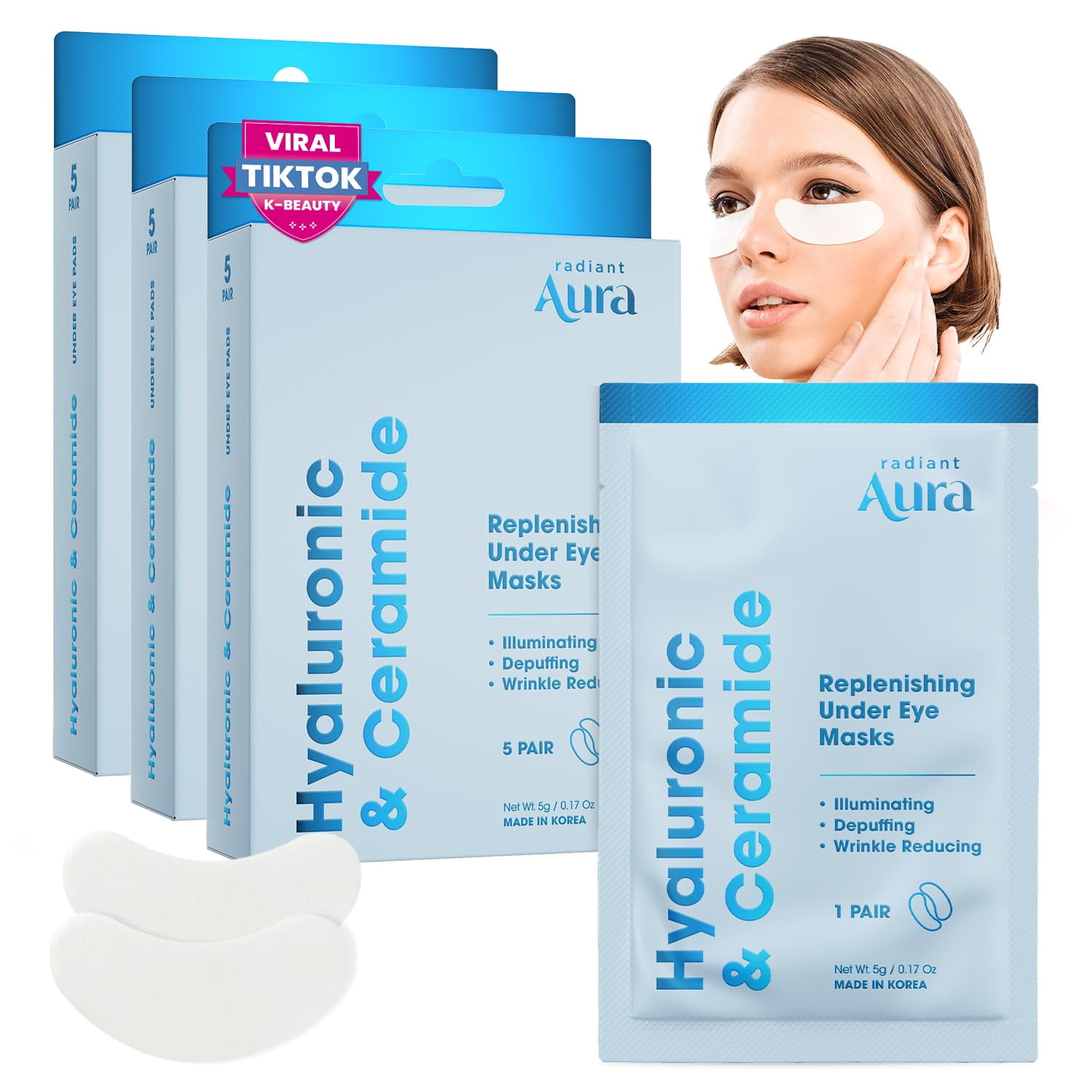 Radiant Aura Under Eye AKF18 Patches with Hyaluronic & Tested Korean ...