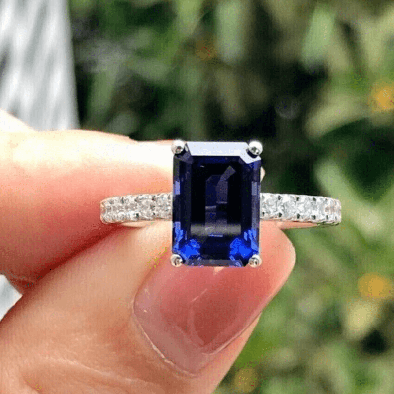 Radiant Cut Blue Sapphire & Diamond Soliatire Wedding Ring in 925 ...