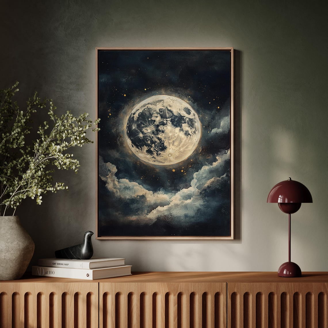 Radiant Full Moon Wall Art – Dreamy Night Sky With Clouds And Golden ...