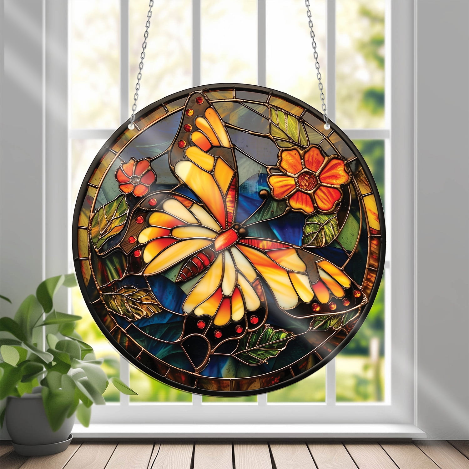Radiant Garden Butterfly Acrylic Window Hanging: Colorful Stained Glass ...