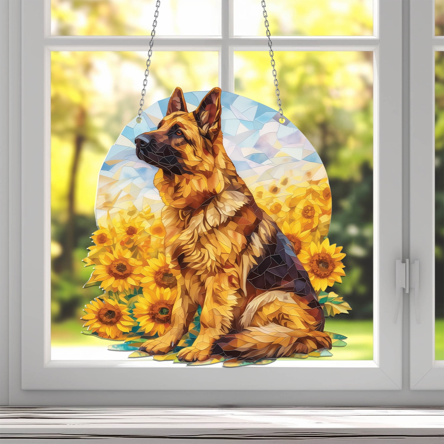 Radiant German Shepherd with Sunflowers Window Art - Acrylic Stained ...