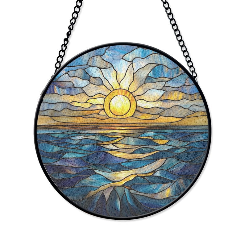 Radiant Ocean Sunrise Stained Glass Panel with Golden Sun and Blue ...
