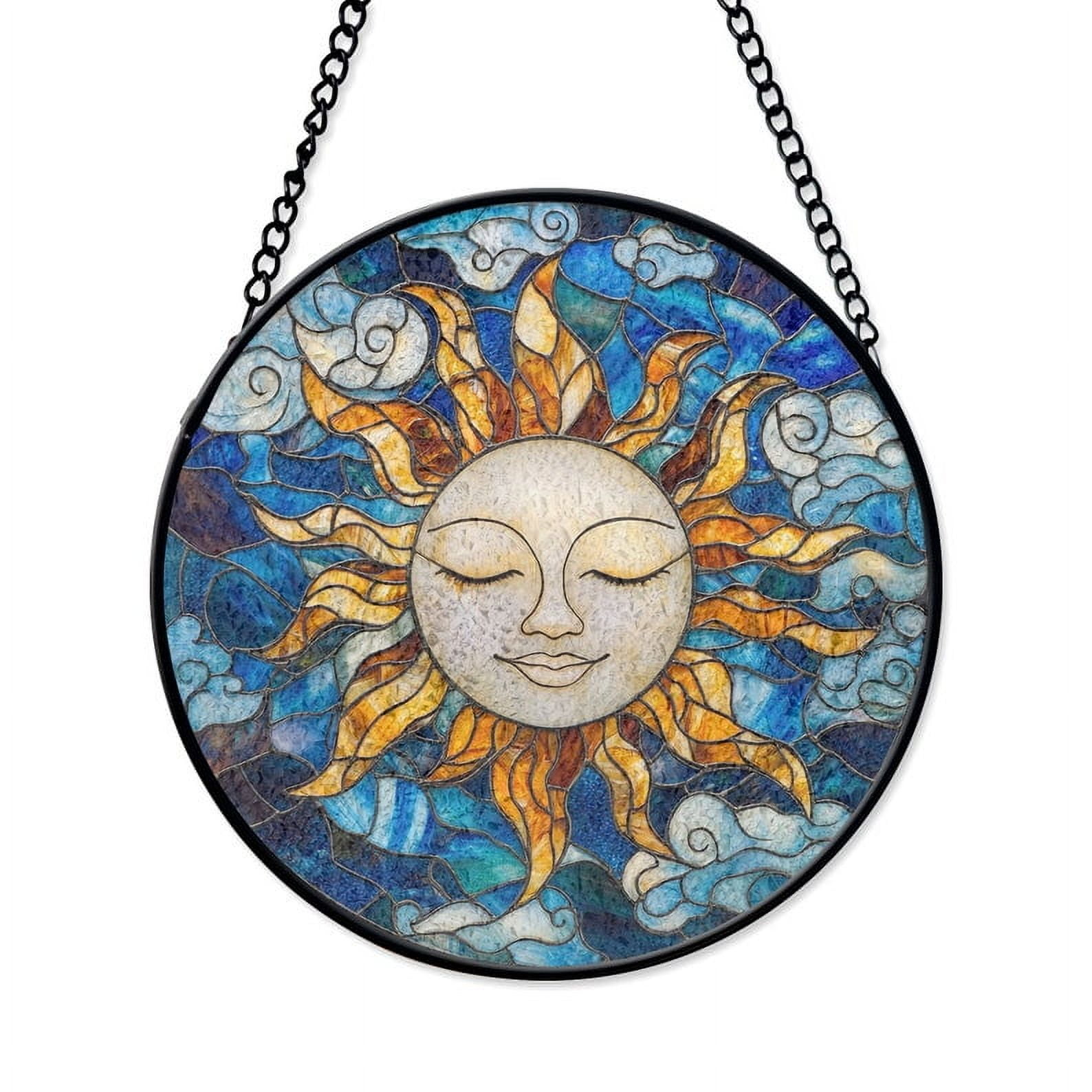 Radiant Sun Stained Glass Window Hanging - Celestial Sun and Clouds ...