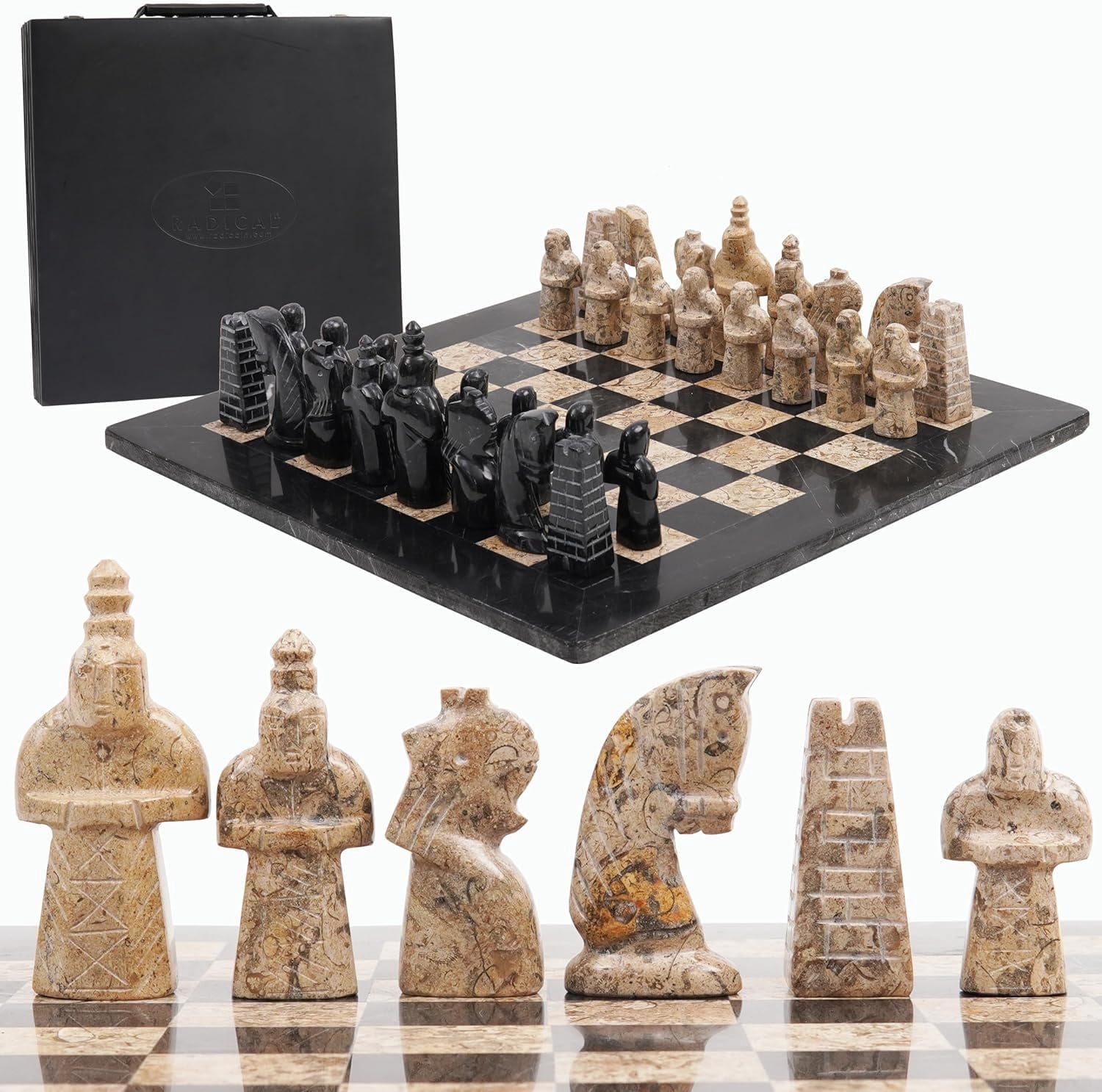 Radicaln 15" Black and Coral Marble Chess Set with Antique 32 Stone ...