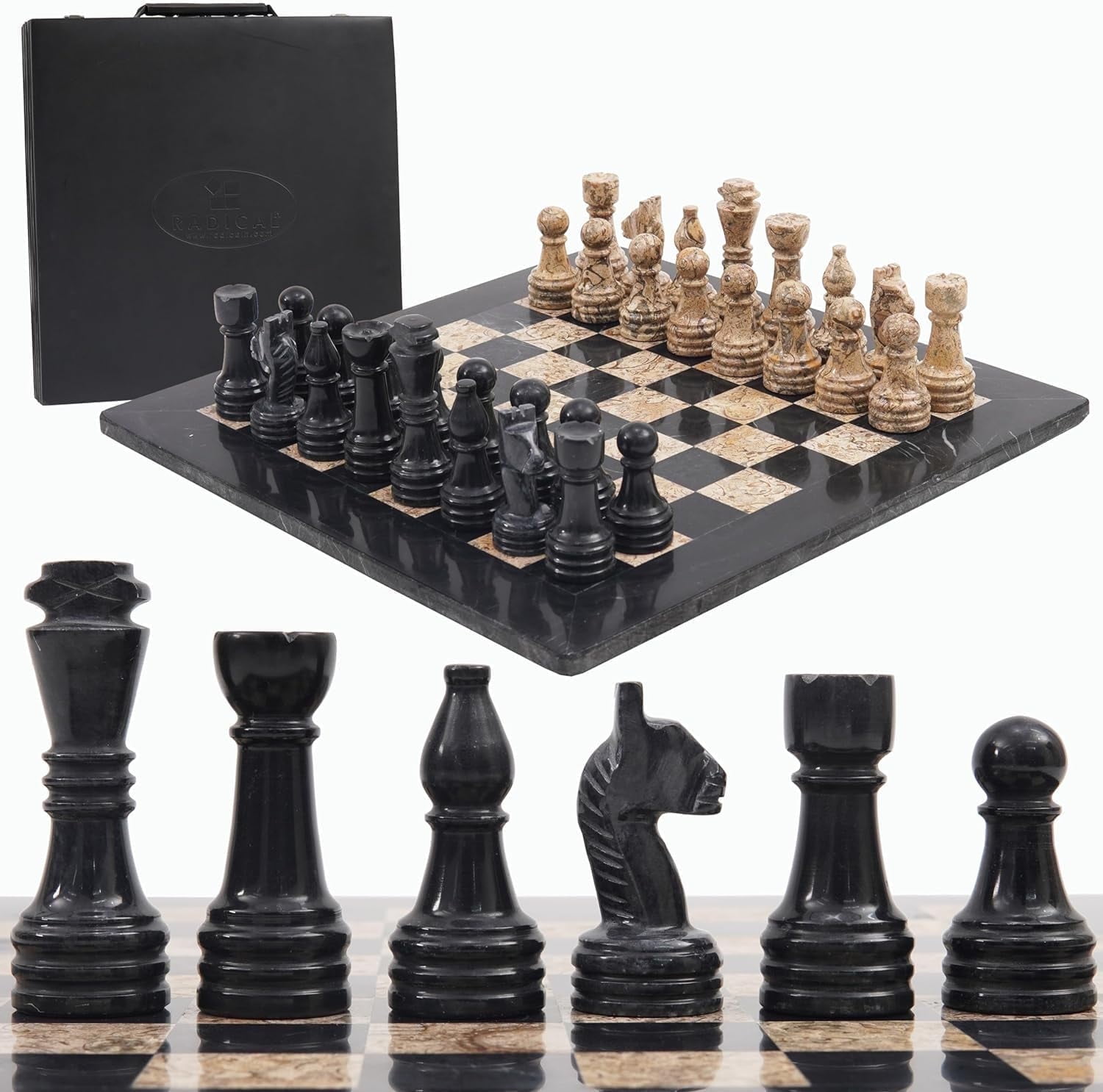 Radicaln 15-inch Marble Chess Set with Storage Box - Black and Fossil ...