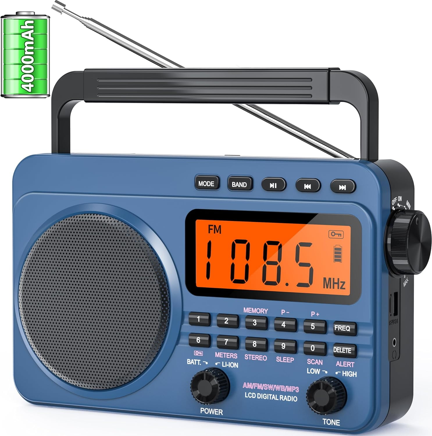 Radios Portable AM FM, 4000mAh Rechargeable Digital Radio with NOAA ...