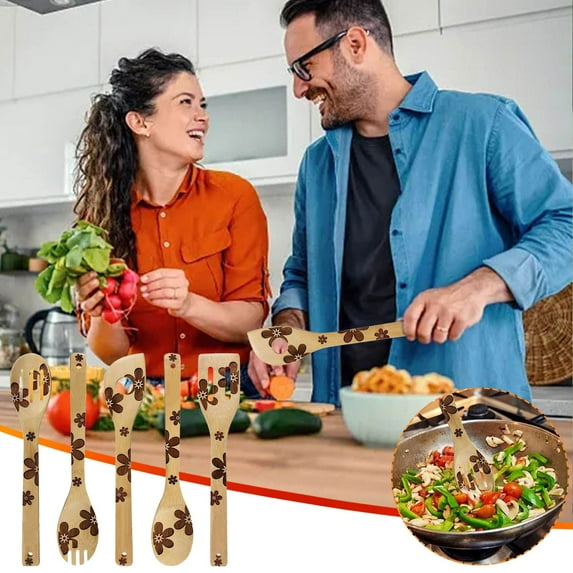 Radium Carving 5-Piece Wooden Utensil Set | Solid Spoon, Slotted Spoon ...