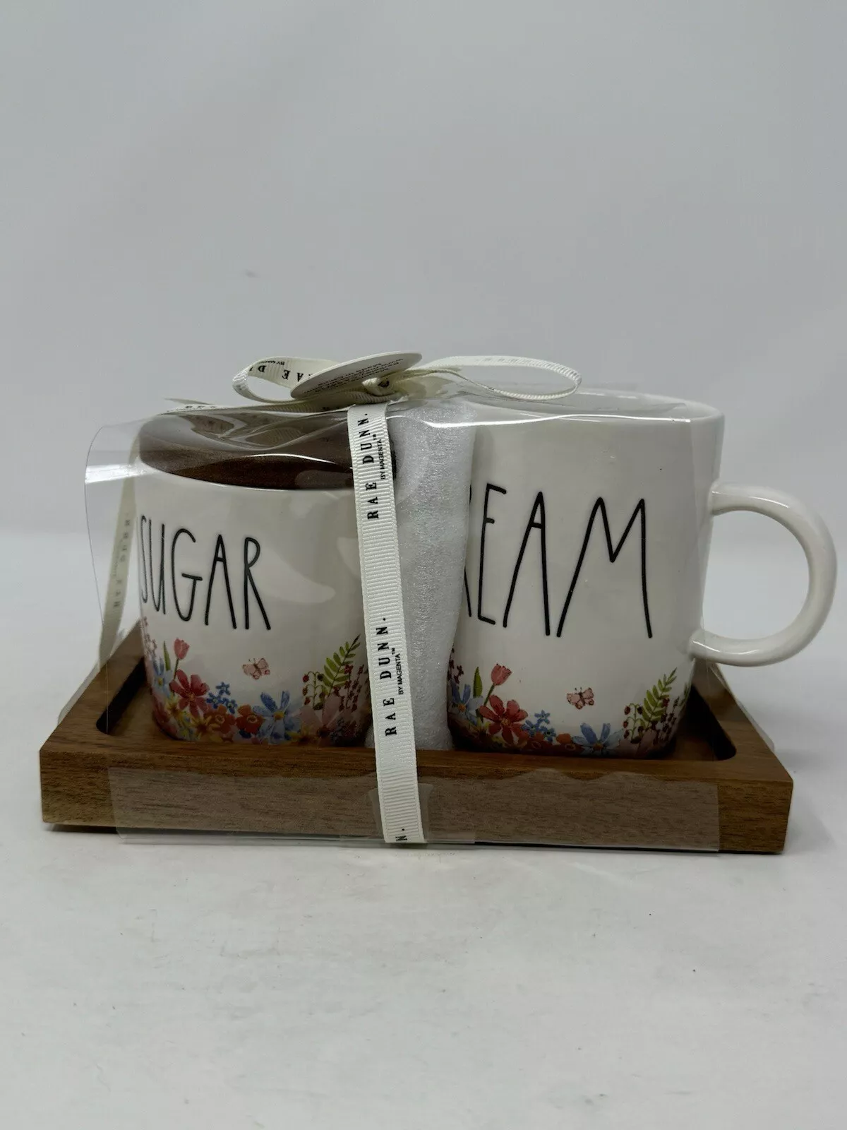 Rae Dunn Cream and Sugar Ceramic Floral Design in Wooden Tray 4-piece ...