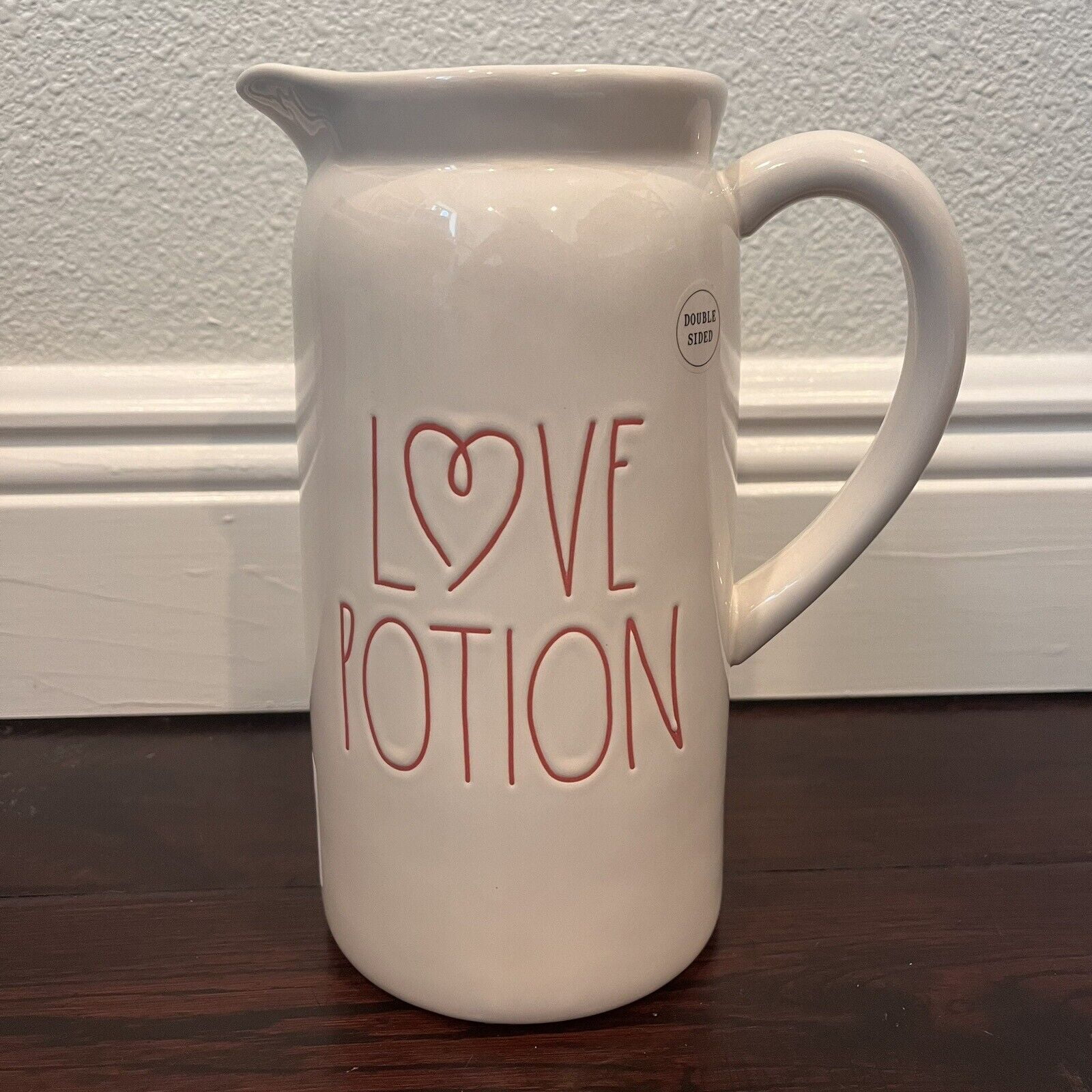 Rae Dunn LOVE POTION Ceramic Double-sided Pitcher 9" H Reverse side has ...