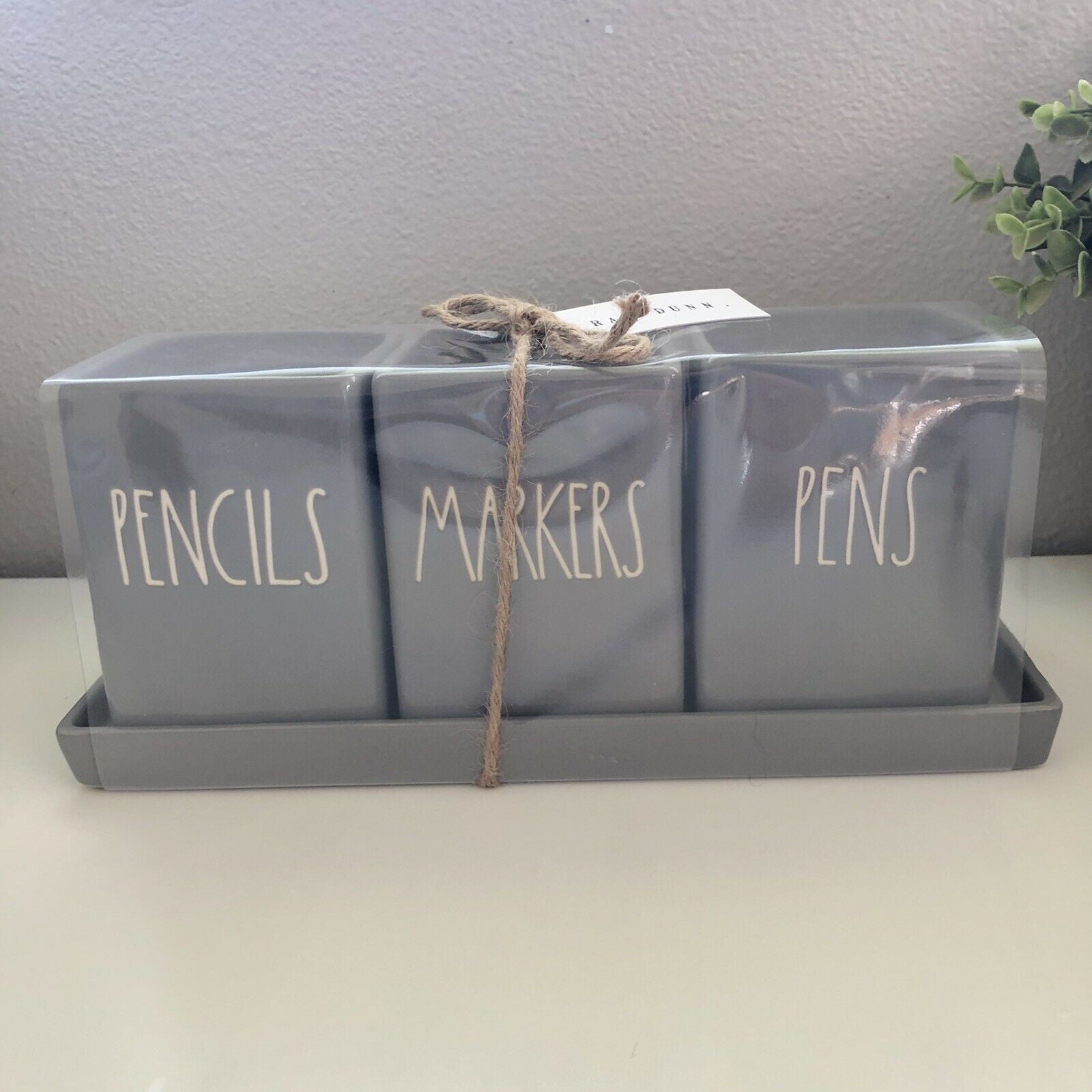 Rae Dunn PENCILS MARKERS PENS Grey Holders with Tray Ceramic 4-pc set ...