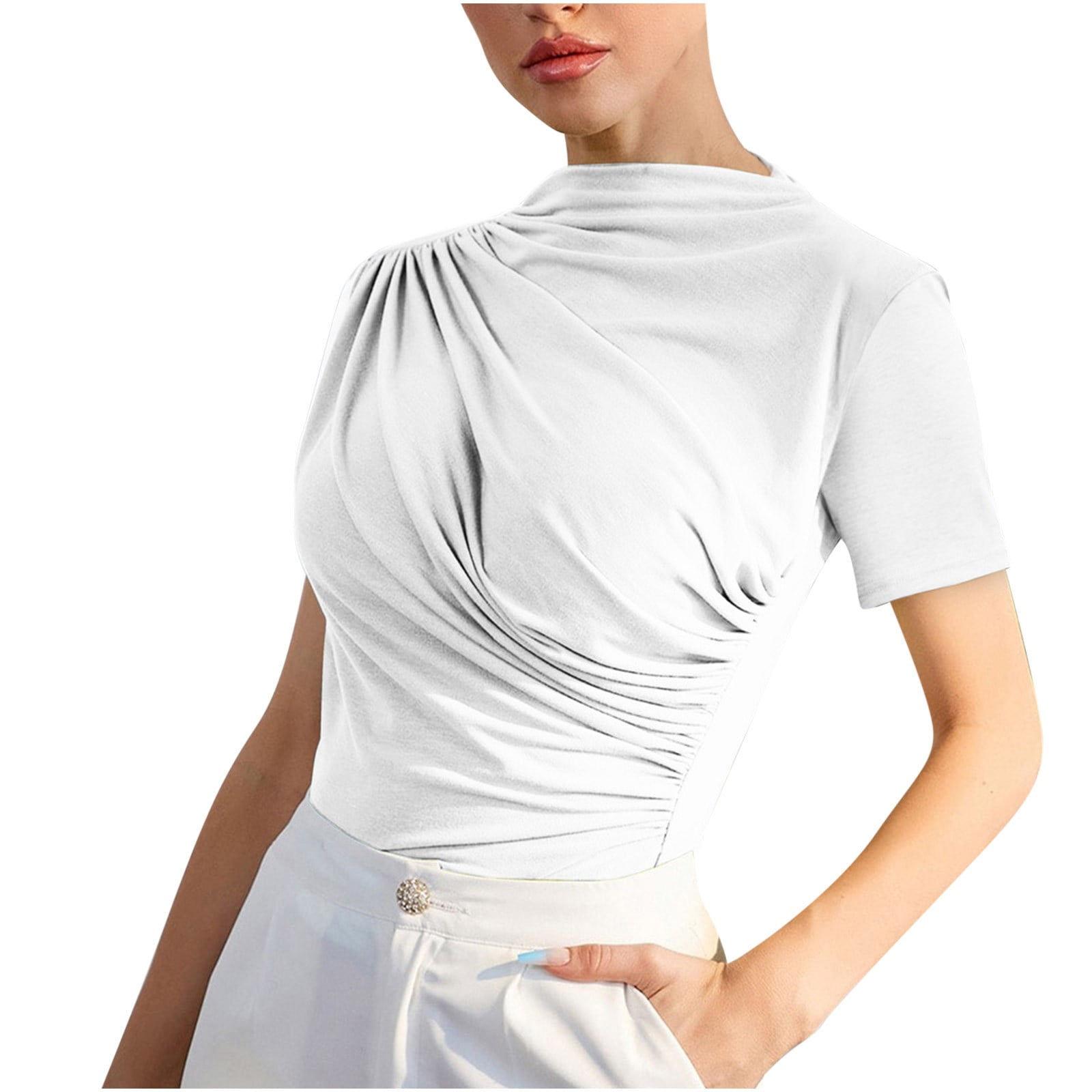 Raeneomay Pleated Tops for Women Summer New Fashion Versatile Solid ...