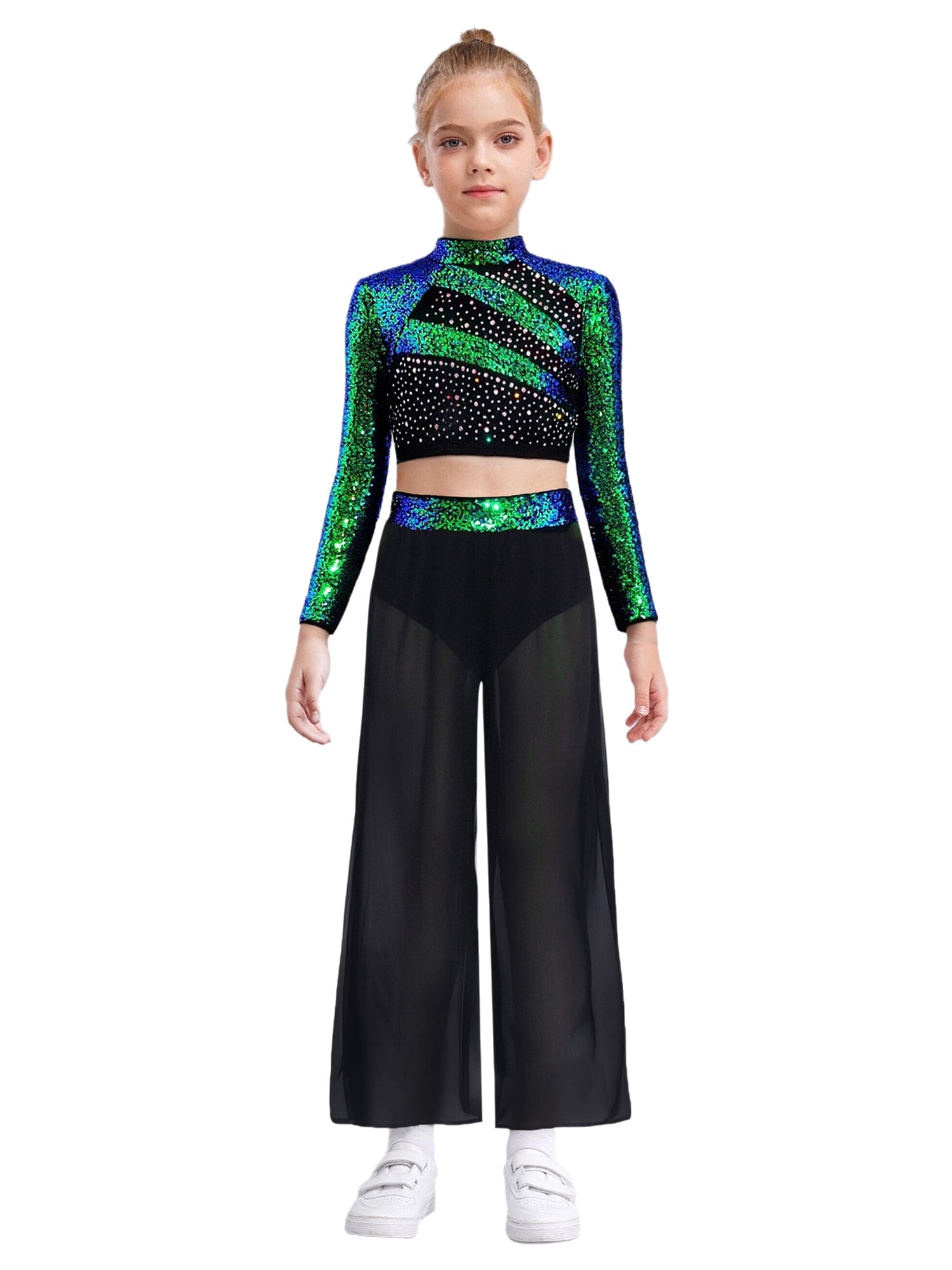 Raenseen Kids Girls 2 Piece Lyrical Jazz Dance Outfit Sequin Crop Top ...