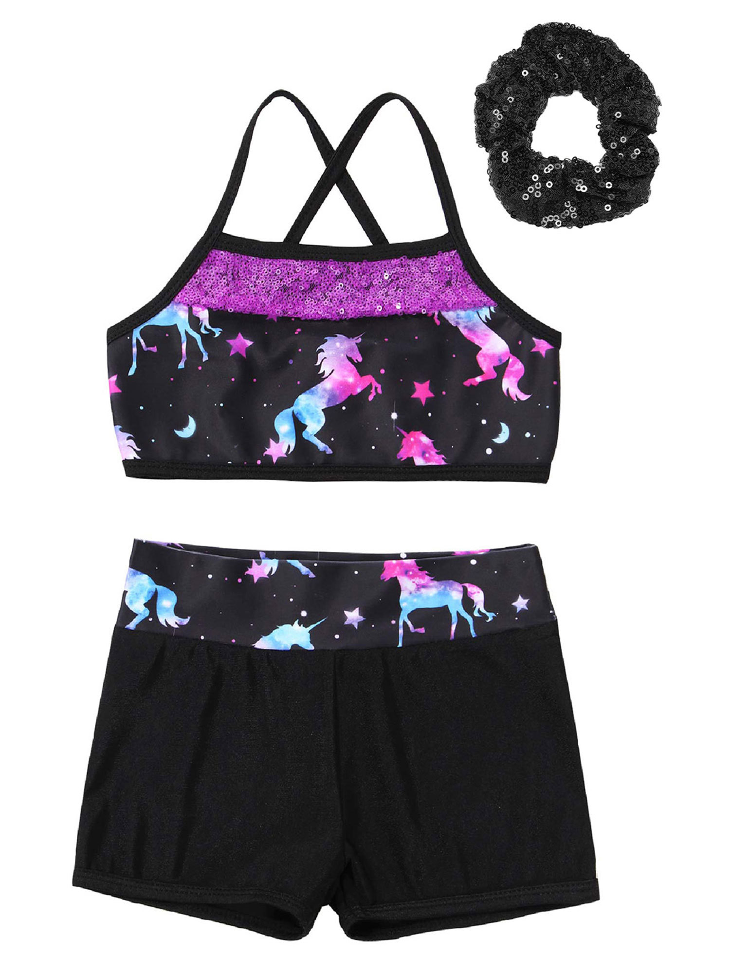 Raenseen Kids Girls Dance Outfit Sport Tops with Booty Shorts Headwear ...