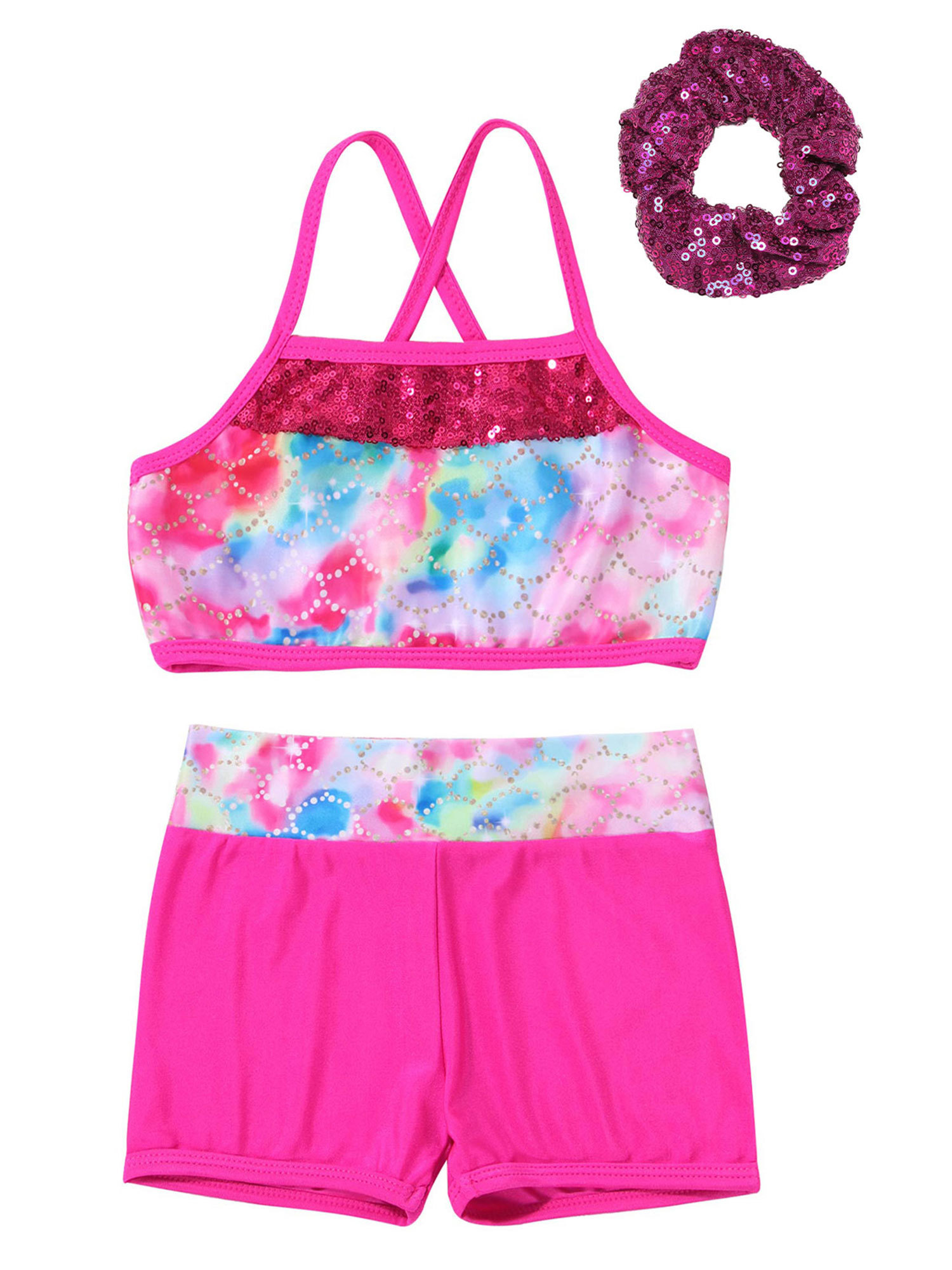 Raenseen Kids Girls Dance Outfit Sport Tops with Booty Shorts Headwear ...
