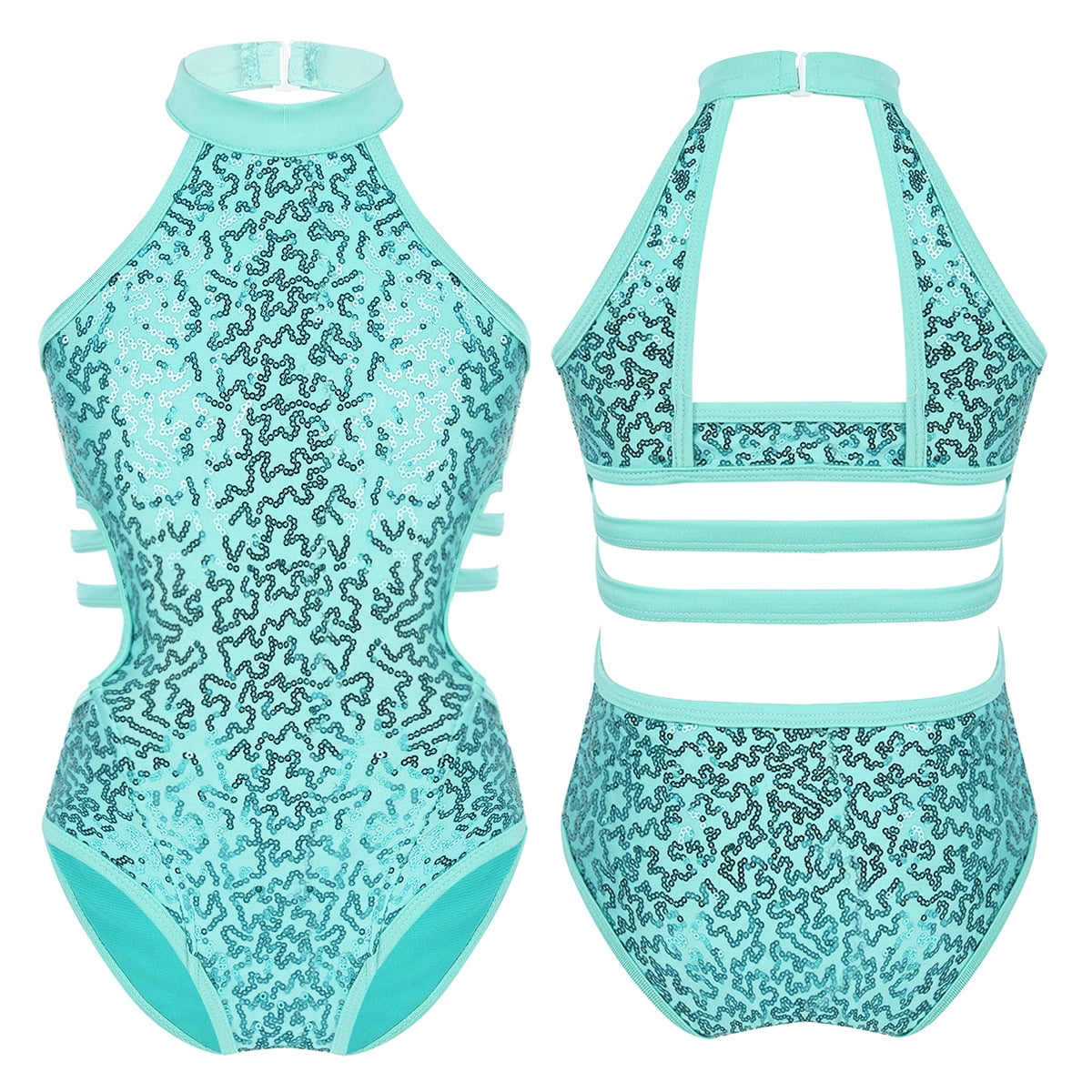 Raenseen Kids Girls' Fashion Sequins Sleeveless Halter Neck Gymnastics ...