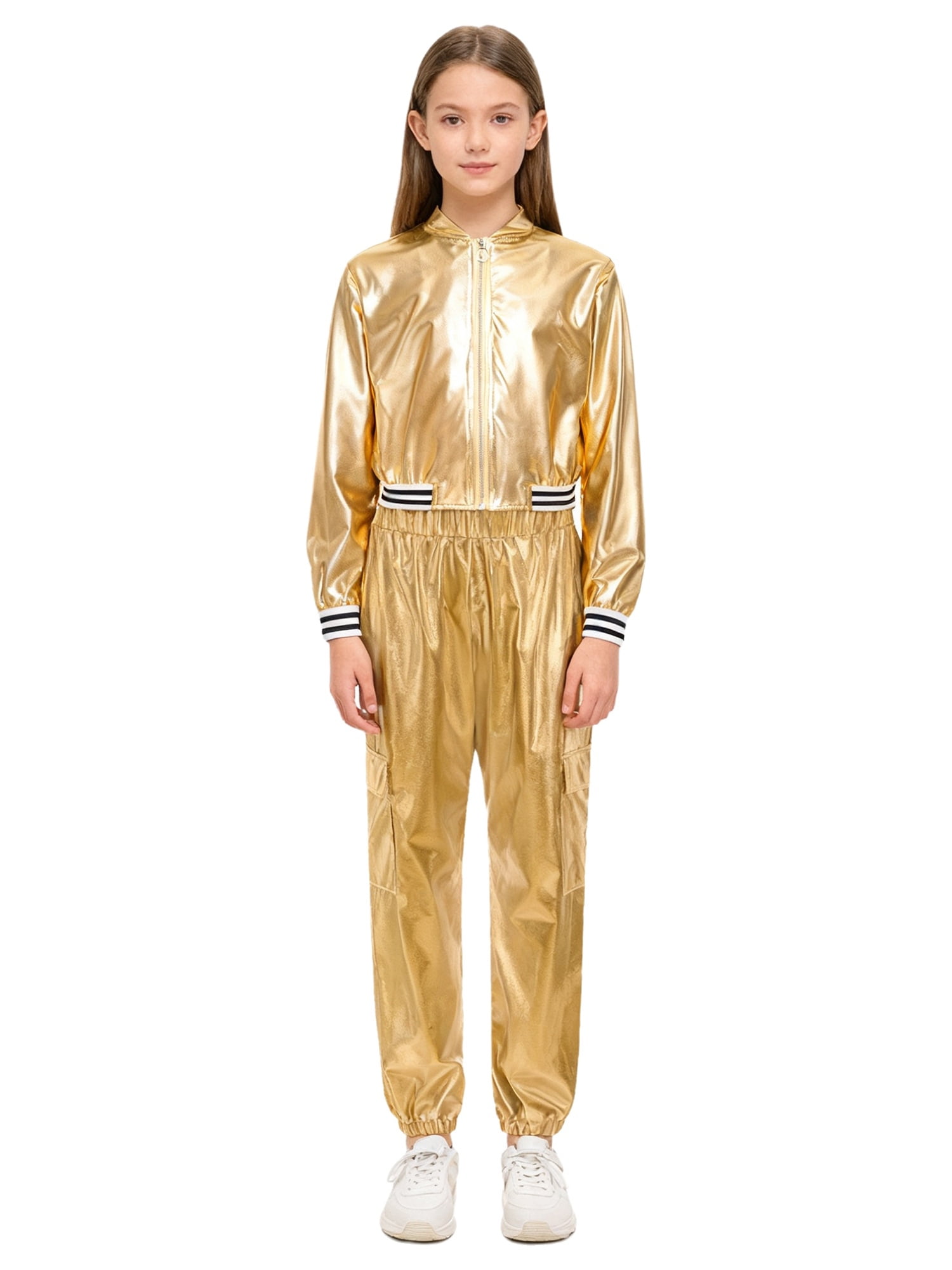Raenseen Kids Girls Hip Hop Jazz Dance Outfit Shiny Metallic Long ...