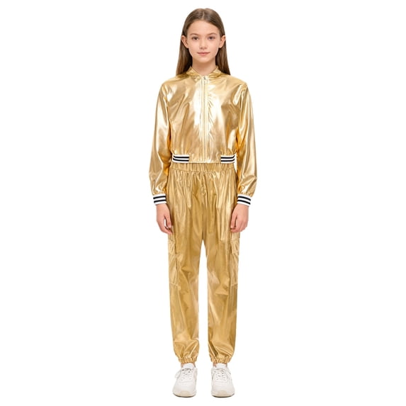 Raenseen Kids Girls Hip Hop Jazz Dance Outfit Shiny Metallic Long ...