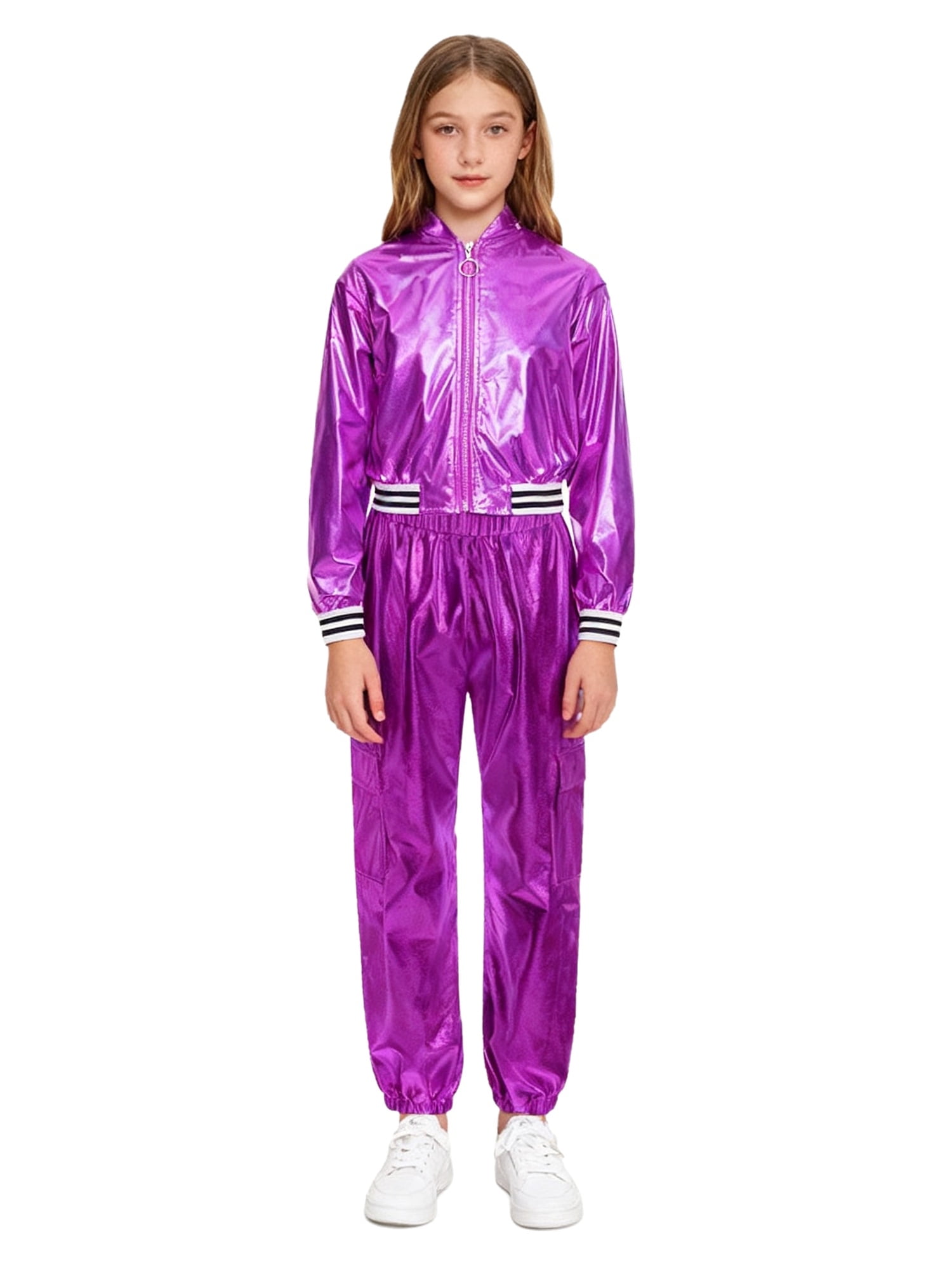 Raenseen Kids Girls Hip Hop Jazz Dance Outfit Shiny Metallic Long ...