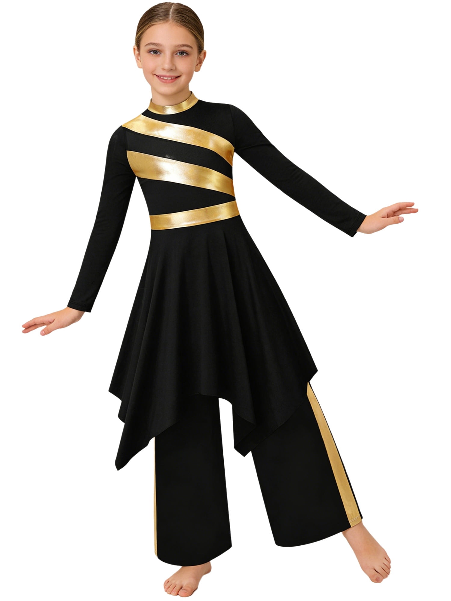 Raenseen Kids Girls Modern Lyrical Dance Outfit Long Sleeve Metallic ...