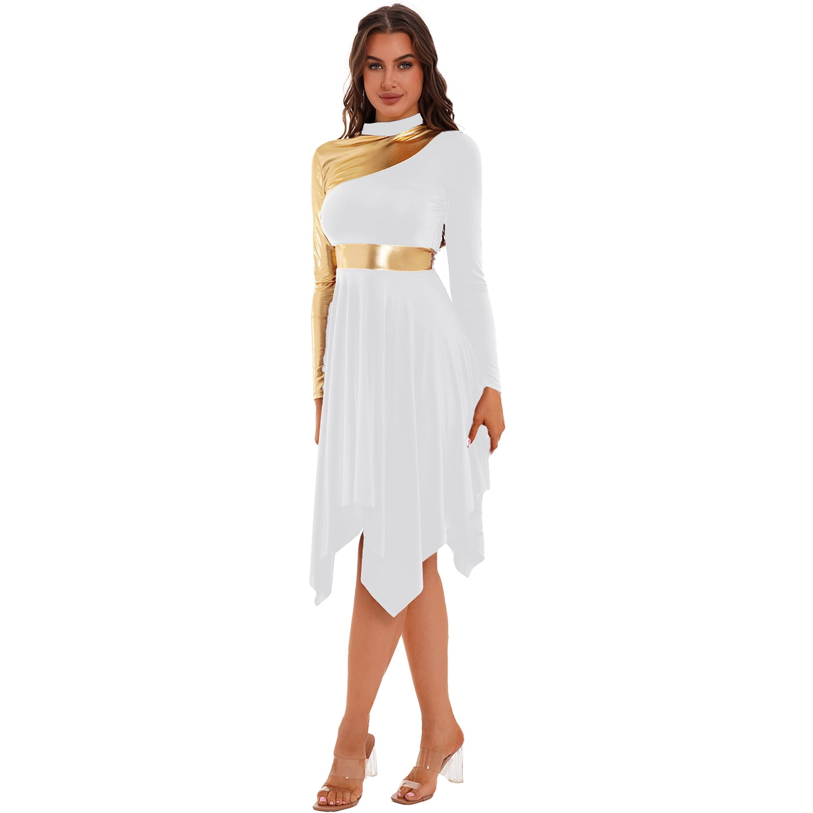 Raenseen Women Metallic Color Block Church Praise Dance Dress Worship ...