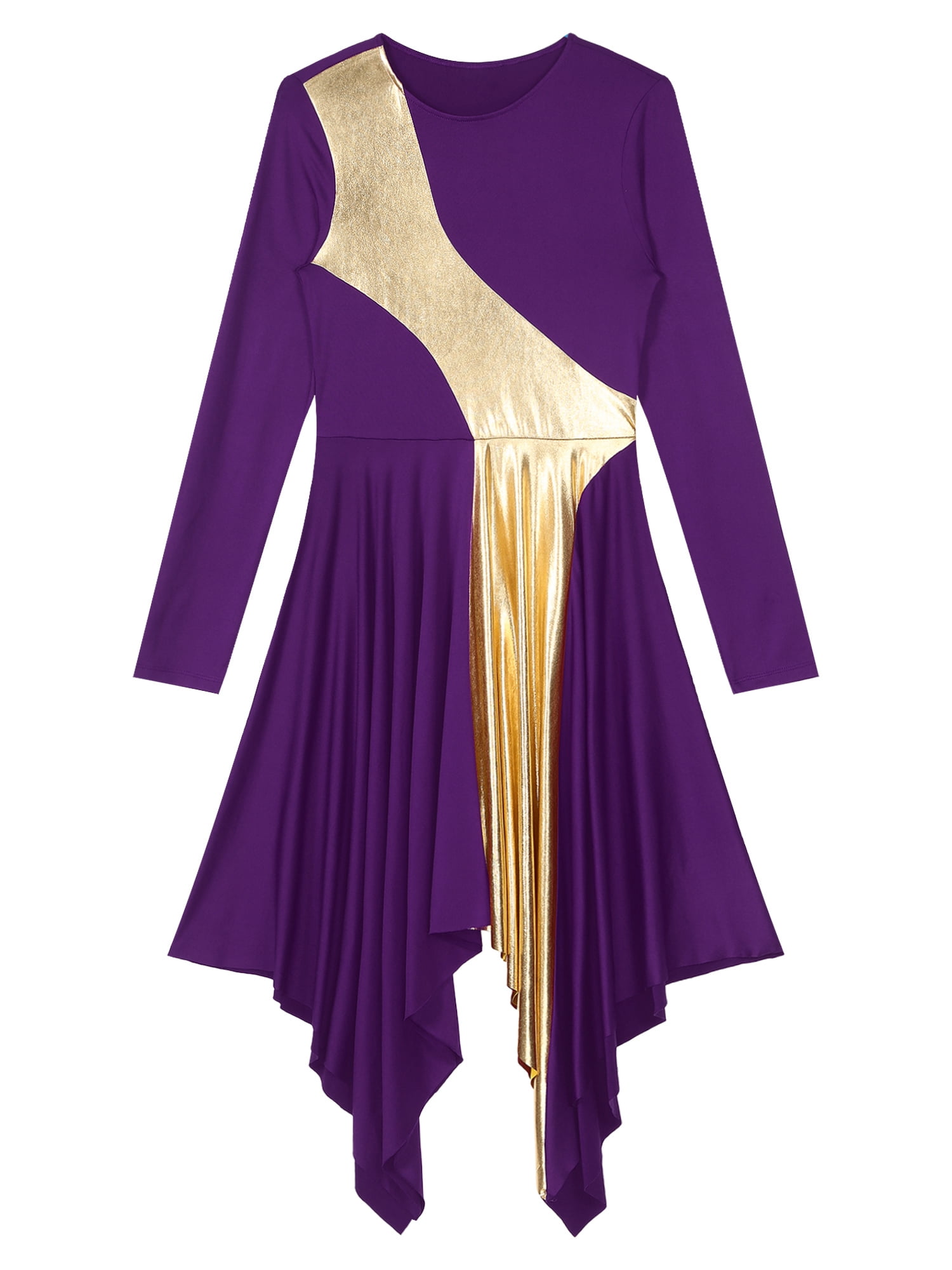 Raenseen Women's Long Sleeve Asymmetrical Praise Dance Metallic Gold ...