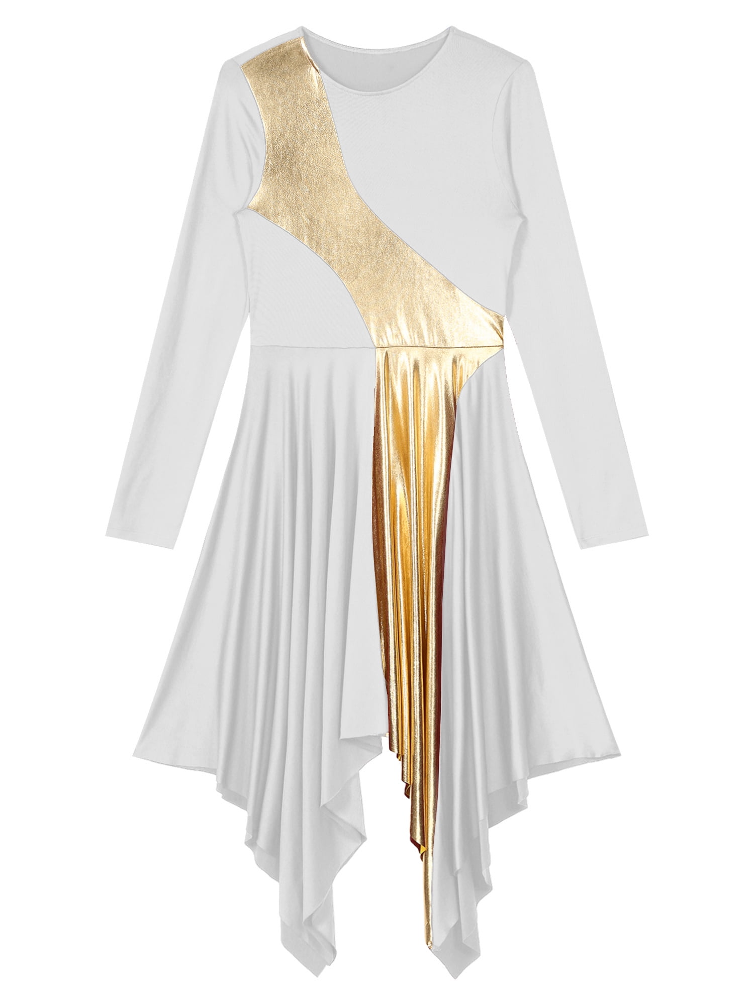 Raenseen Women's Long Sleeve Asymmetrical Praise Dance Metallic Gold ...