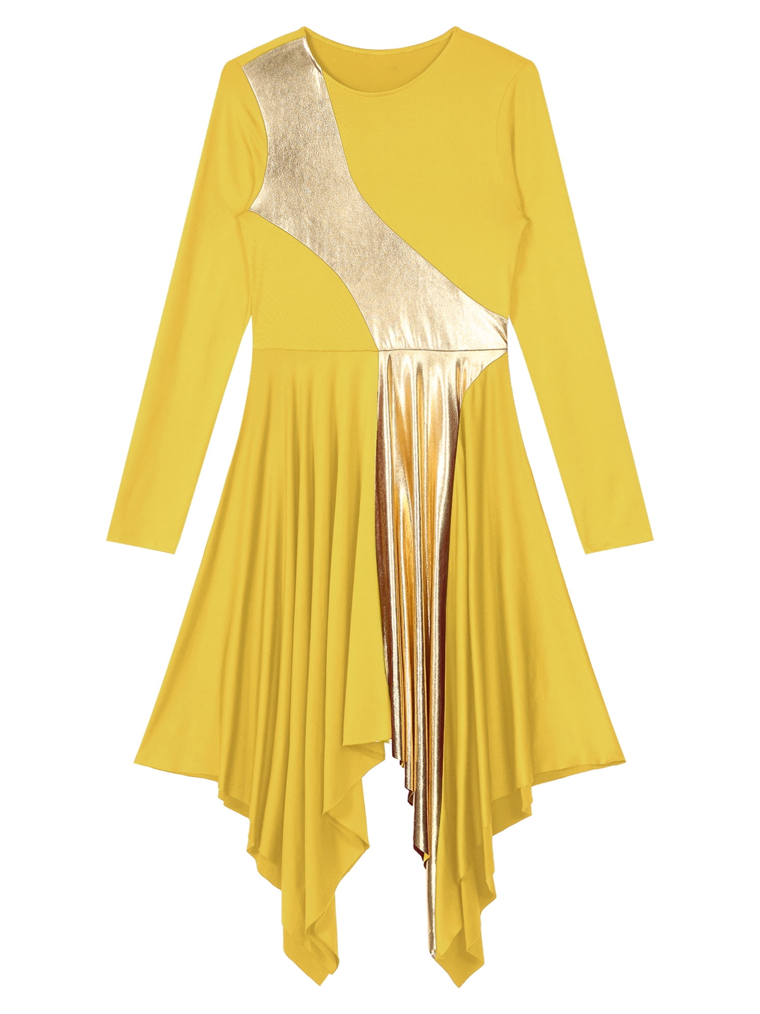 Raenseen Women's Long Sleeve Asymmetrical Praise Dance Metallic Gold ...