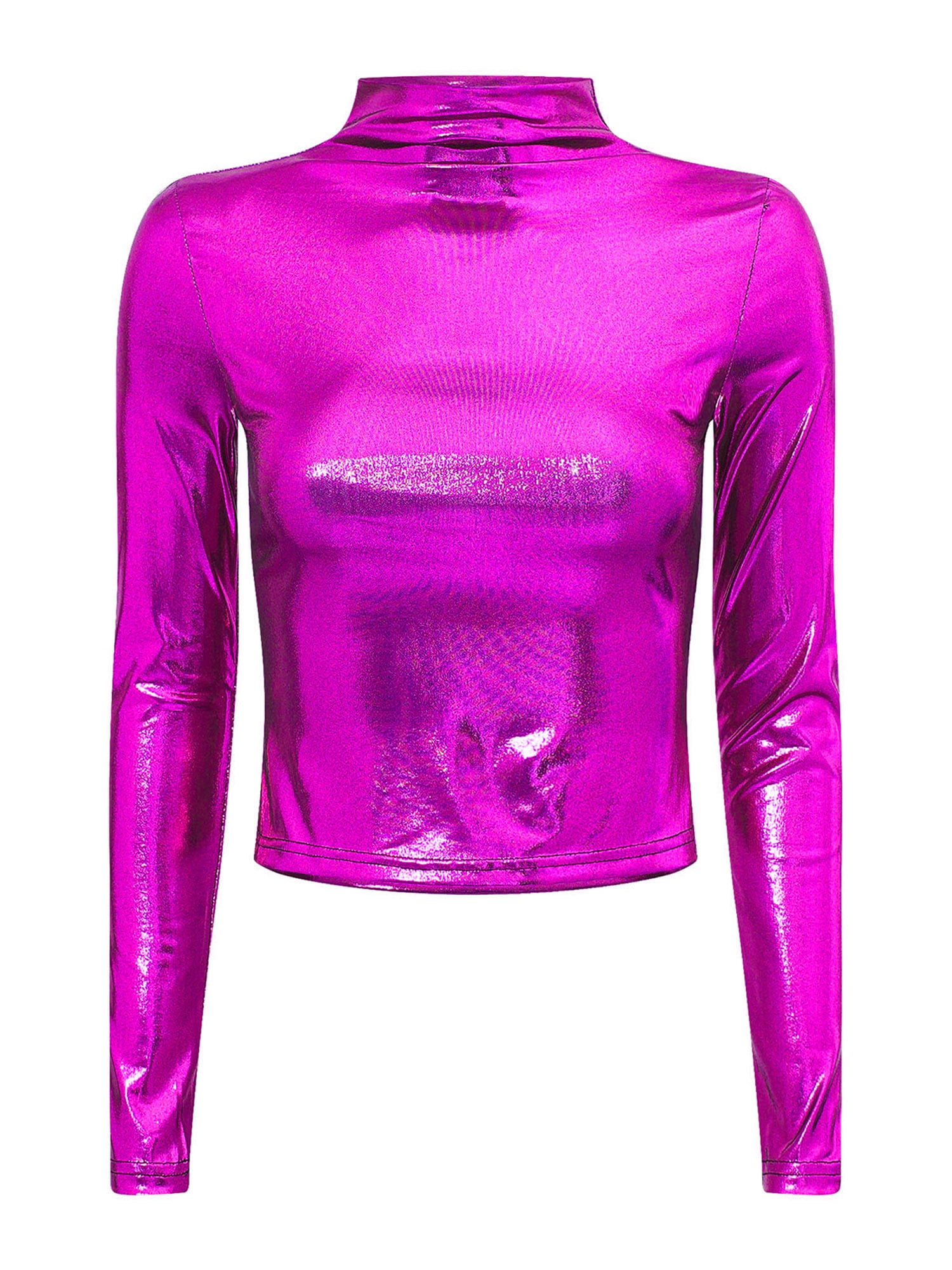 Raenseen Women's Metallic Long Sleeve Dance Tops Turtleneck Metallic ...