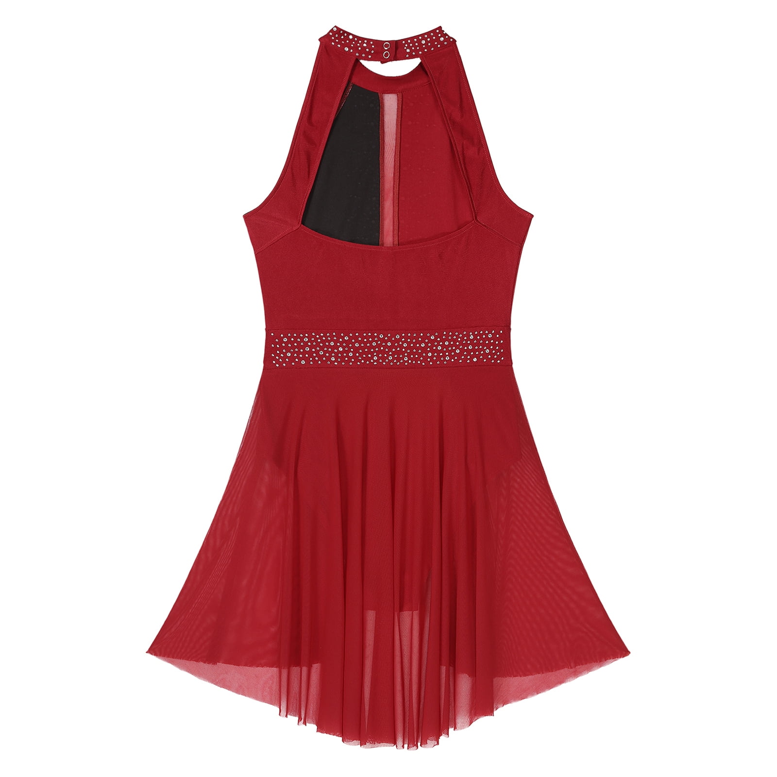 Raenseen Women's Rhinestone Modern Dance Dress Halter Mesh Ballet ...