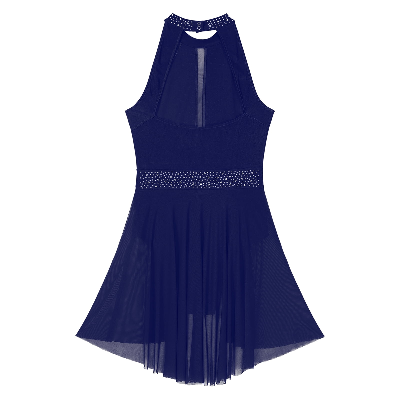 Raenseen Women's Rhinestone Modern Dance Dress Halter Mesh Ballet ...