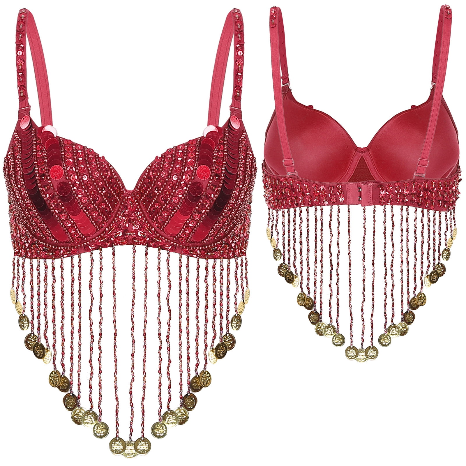 Raenseen Women's Sequin Beaded Tassels Belly Dance Costume Bra Indian ...