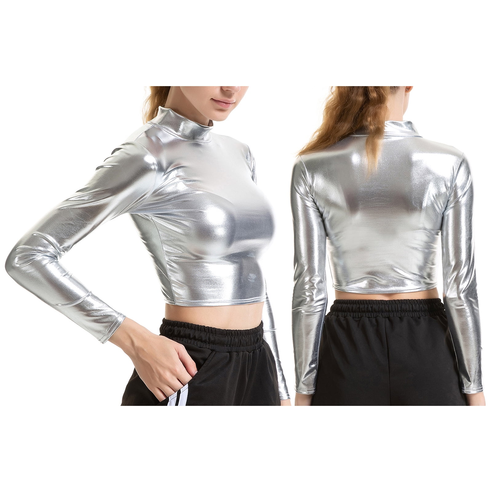 Raenseen Women's Shiny Metallic Liquid Long Sleeve Turtleneck Crop Top ...
